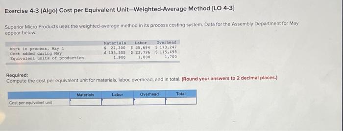 Solved Exercise 4-3 (Algo) Cost per Equivalent | Chegg.com