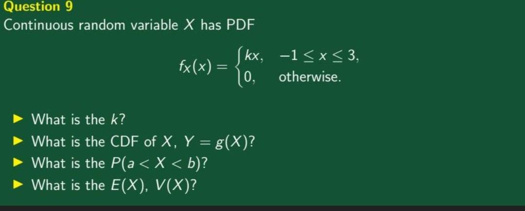 Solved Question 9 Continuous random variable X has PDF fx(x) | Chegg.com