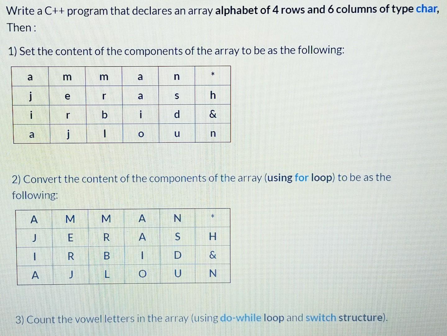 Solved Write a C++ program that declares an array alphabet | Chegg.com