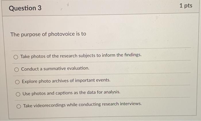 Solved Question 3 1 pts The purpose of photovoice is to Take | Chegg.com