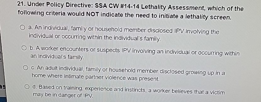 Solved Under Policy Directive: SSA CW #14-14 ﻿Lethality | Chegg.com