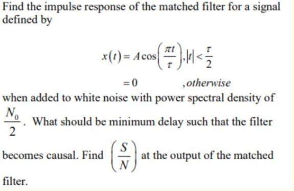 Solved Find the impulse response of the matched filter for a | Chegg.com