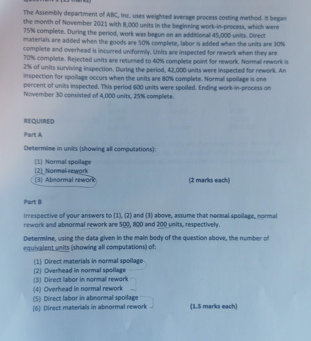Solved The Assembly department of ABC, Inc. uses weighted | Chegg.com