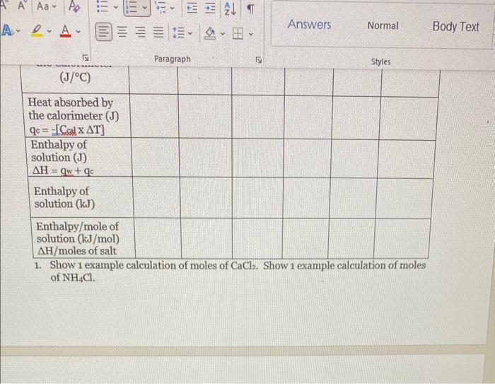 Solved 1. Snow i example calculation of moles of CaCl2. Show | Chegg.com