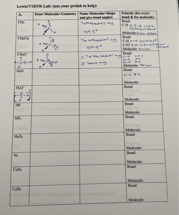 Solved M H Lewis/VSEPR Lab: (use your prelab to help) A. | Chegg.com