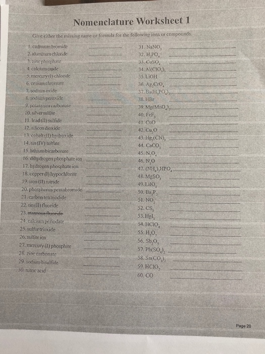 Solved Nomenclature Worksheet 1 Give either the missing name | Chegg.com