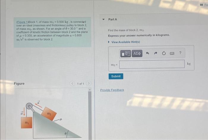 Solved (Eigure 1) Elock 1, of mass m1=0.500 kg, is connected | Chegg.com