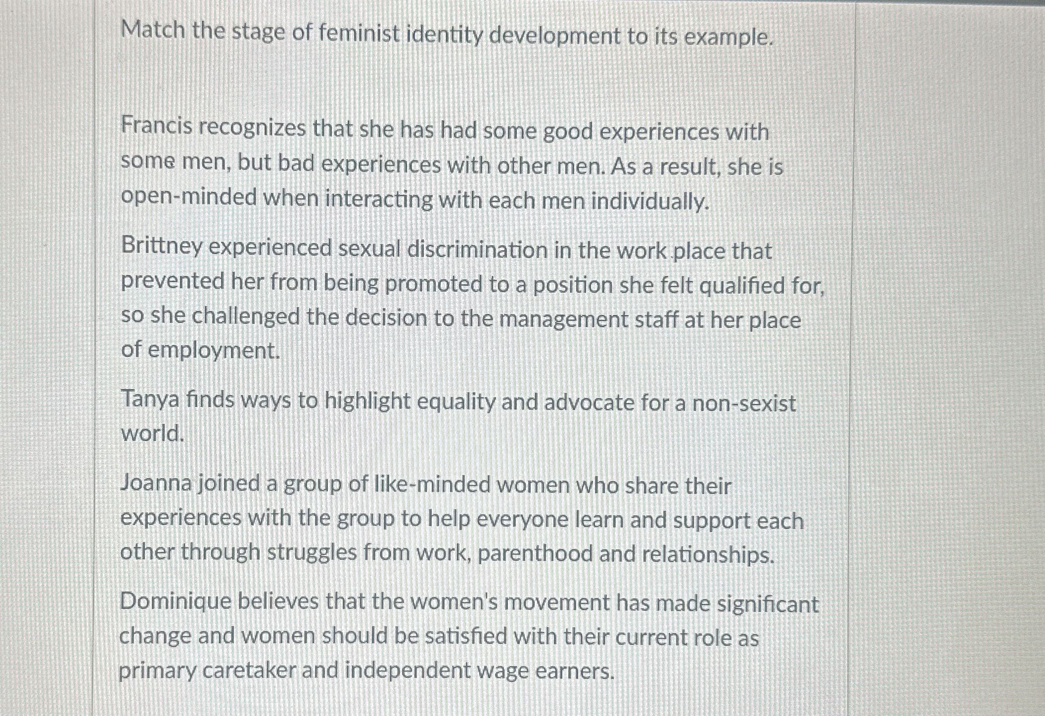 Solved Match the stage of feminist identity development to | Chegg.com