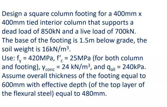 Solved Design a square column footing for a 400mm x 400mm | Chegg.com