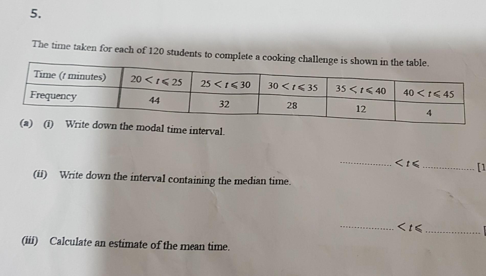 Solved 5. The time taken for each of 120 students to | Chegg.com