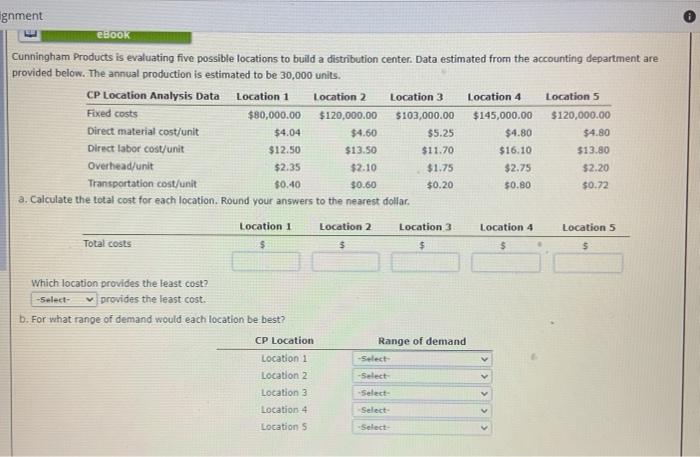Solved ignment eBOOK Cunningham Products is evaluating five | Chegg.com