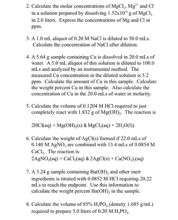 Solved 2. Calculate the molar concentrations of MgCl,, Mgʻ* | Chegg.com