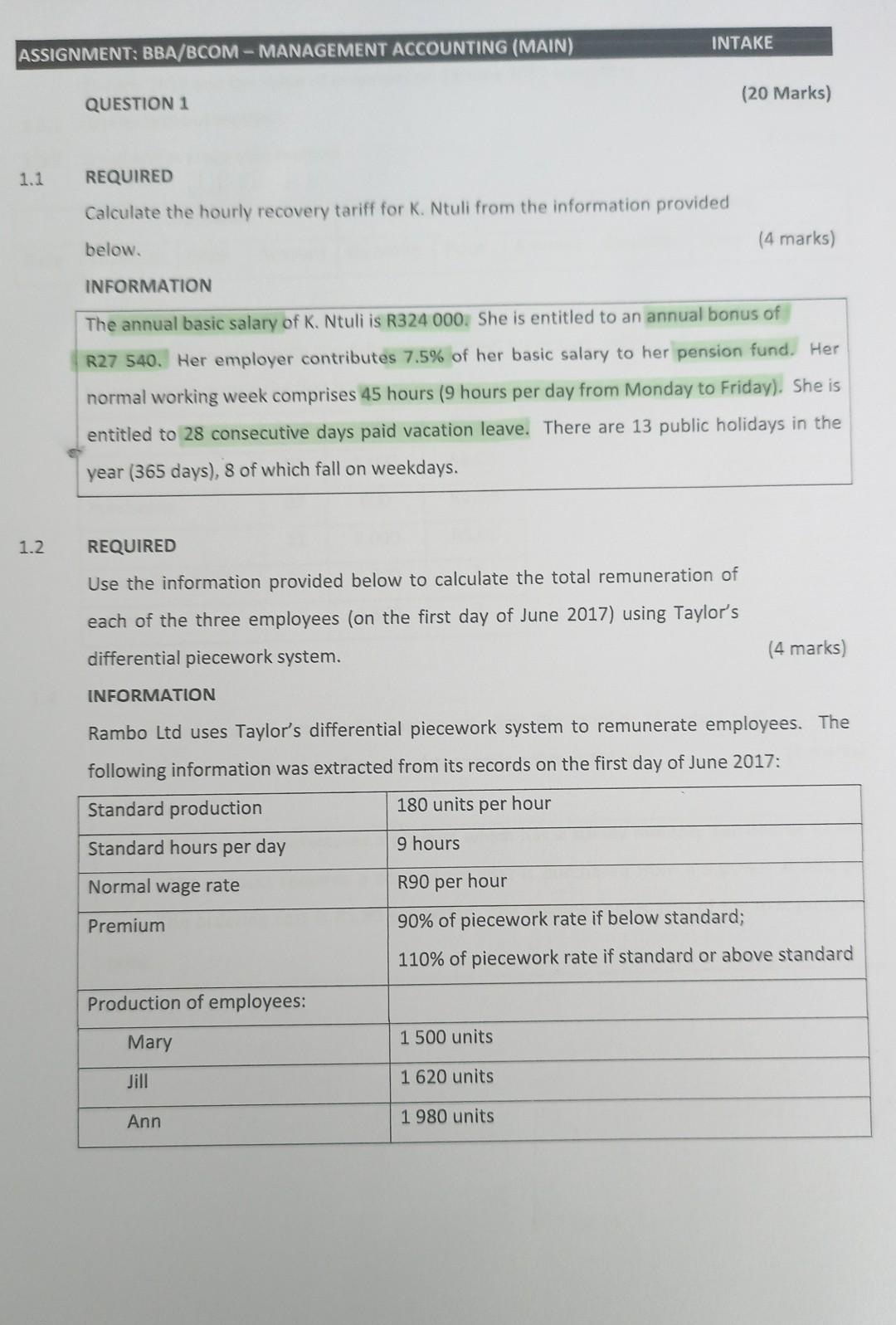 Solved INTAKE ASSIGNMENT: BBA/BCOM-MANAGEMENT ACCOUNTING | Chegg.com