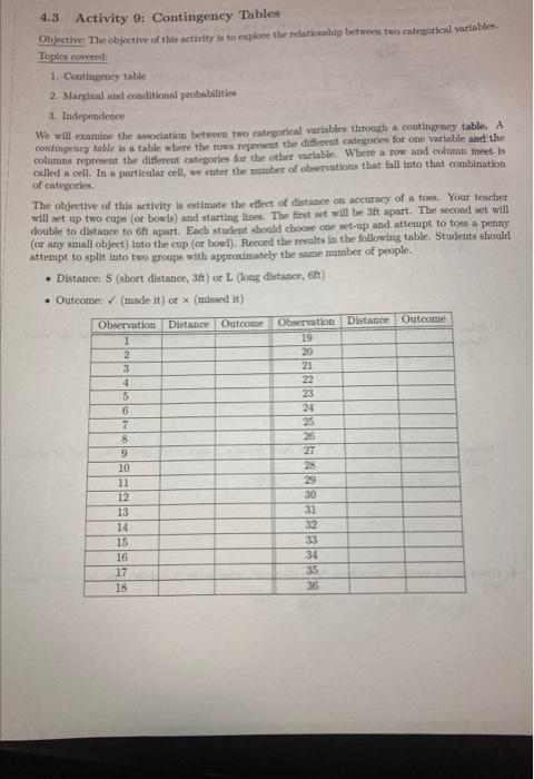 Solved 4.3 Activity 9: Contingency Tables Obenctive: The | Chegg.com