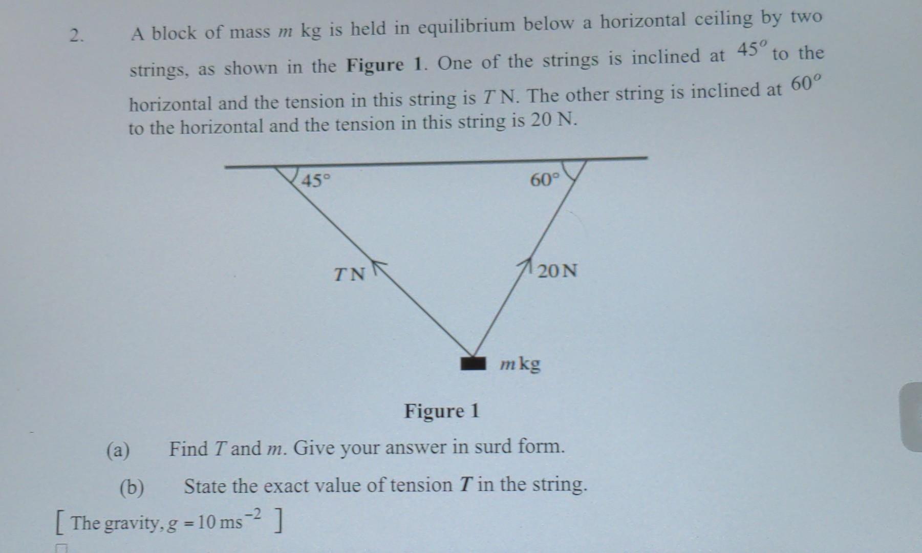 Solved 2. A block of mass m kg is held in equilibrium below | Chegg.com