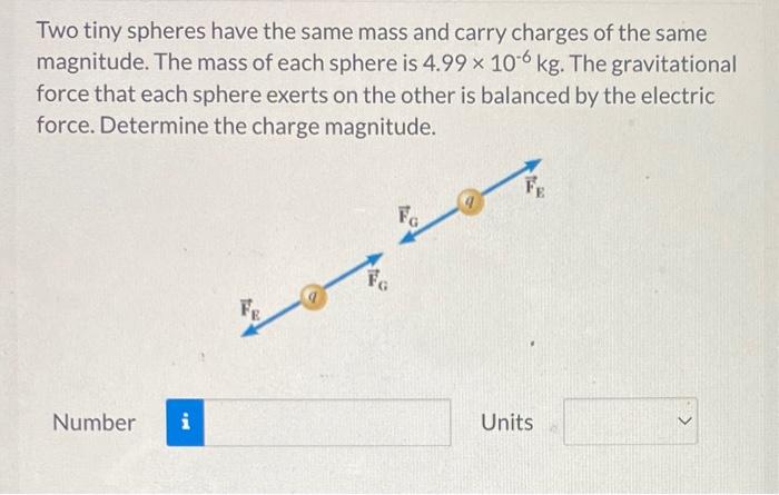 Solved Two tiny spheres have the same mass and carry charges | Chegg.com