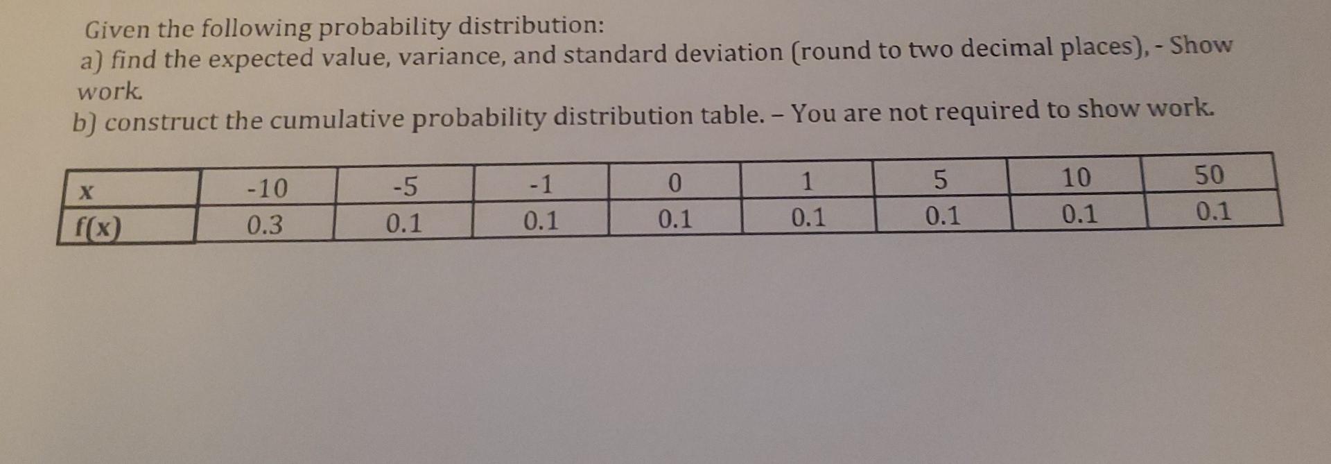 Solved Given the following probability distribution: a) find | Chegg.com