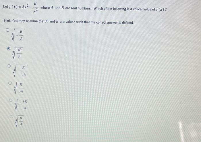 Solved Let f(x)=Ax2−x2B, where A and B are real numbers. | Chegg.com