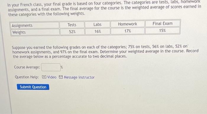 Solved In your French class, your final grade is based on | Chegg.com