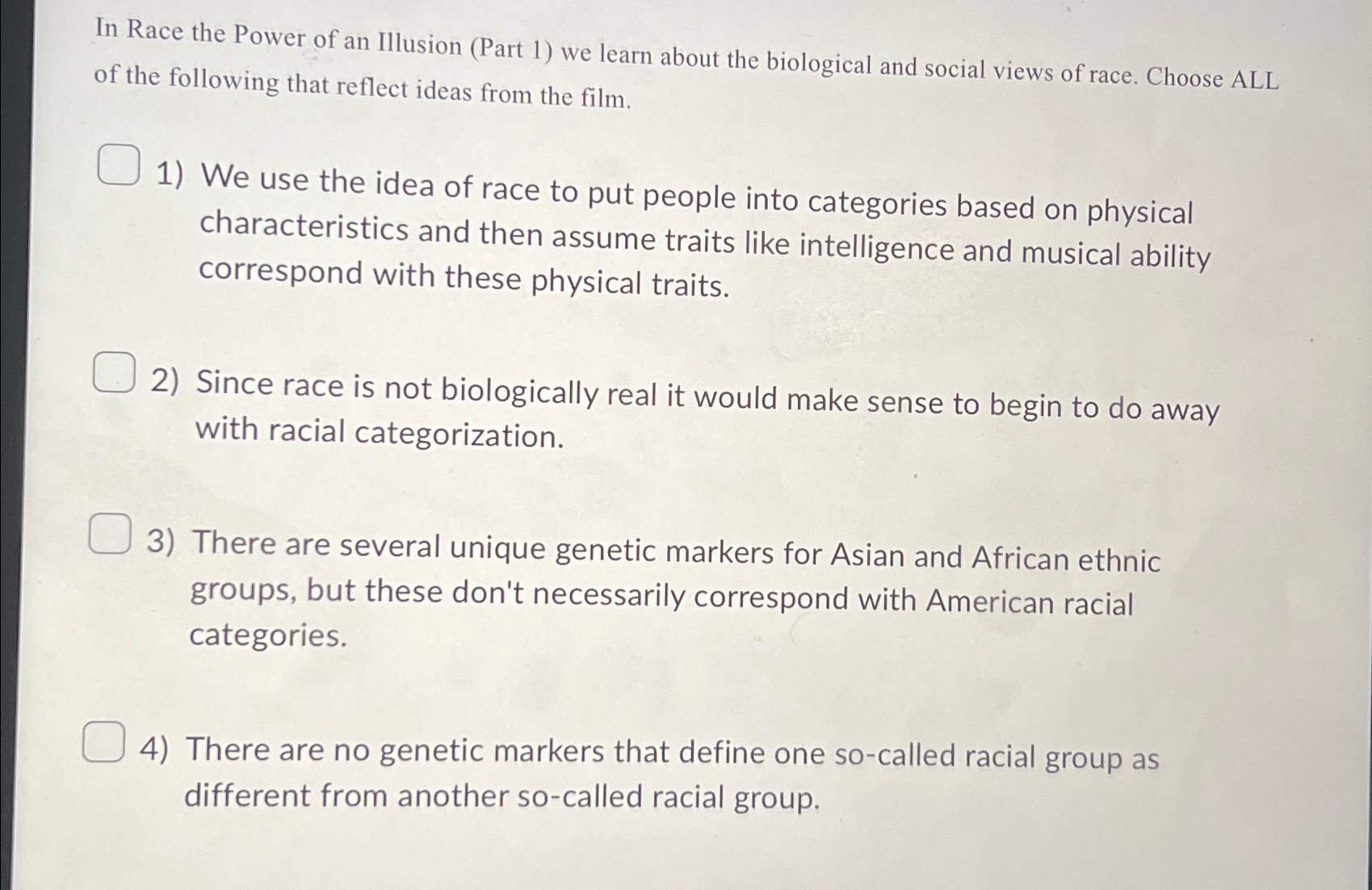 Solved In Race the Power of an Illusion (Part 1) ﻿we learn | Chegg.com