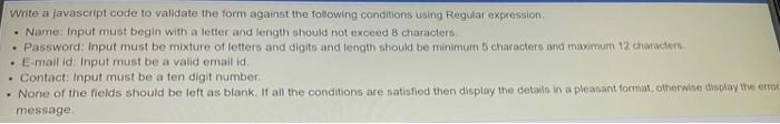 Solved Write a Javascript code to validate the form against | Chegg.com