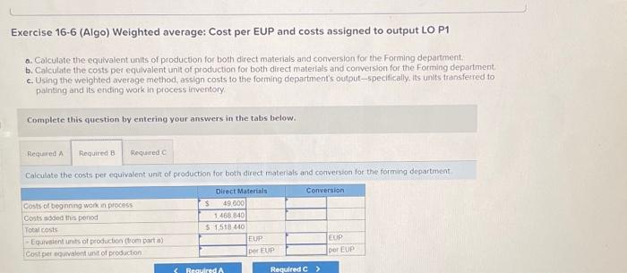 Solved Exercise 16.6 (Algo) Weighted average: Cost per EUP | Chegg.com