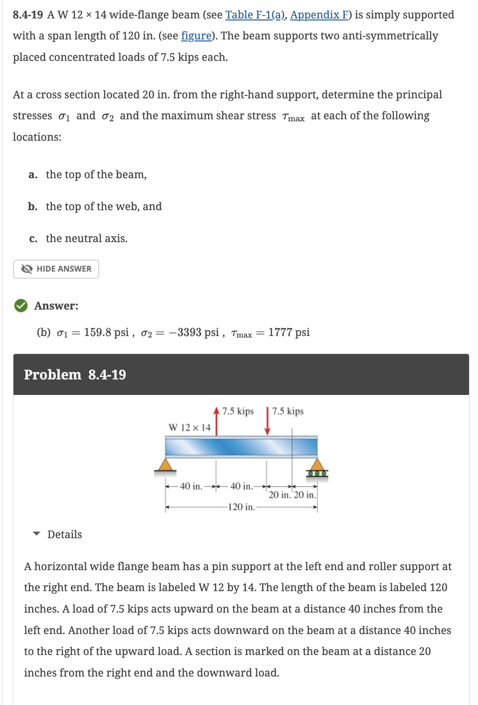 Solved 8.4-19 A W 12×14 ﻿wide-flange beam (see ﻿Table | Chegg.com
