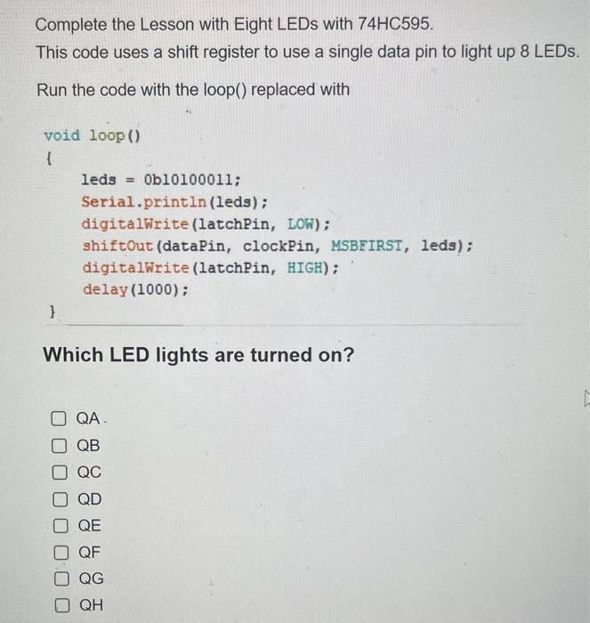 Solved Complete the Lesson with Eight LEDs with 74HC595. | Chegg.com