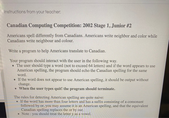 Solved Instructions from your teacher Canadian Computing | Chegg.com