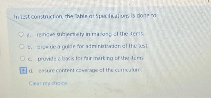 Solved In test construction, the Table of Specifications is | Chegg.com