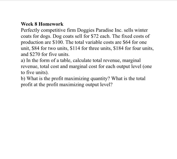 Solved Week 8 Homework Perfectly competitive firm Doggies | Chegg.com