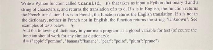 Solved Write a Python function called transl (d,s) that | Chegg.com