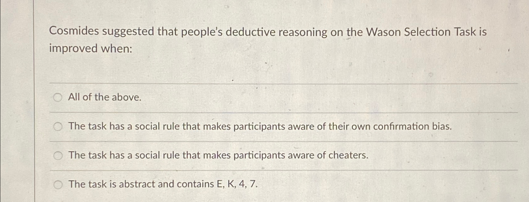 Solved Cosmides suggested that people's deductive reasoning | Chegg.com