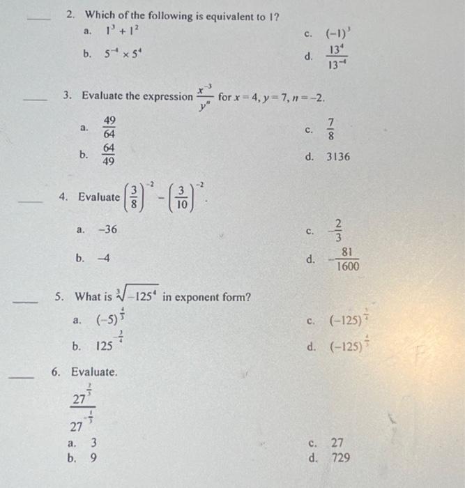 Solved 2. Which of the following is equivalent to I? a. | Chegg.com