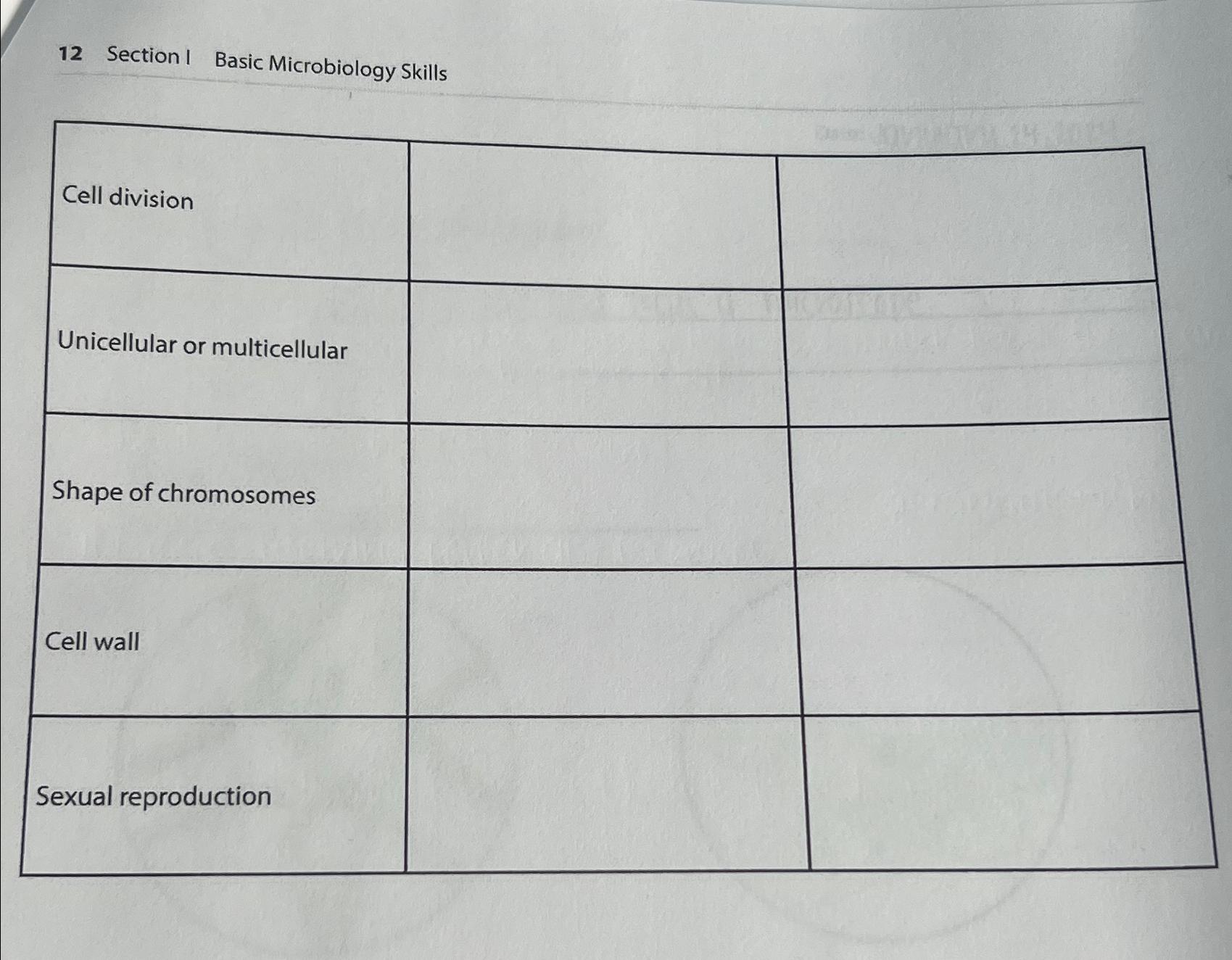 Solved 12Section IBasic Microbiology Skills\table[[Cell | Chegg.com
