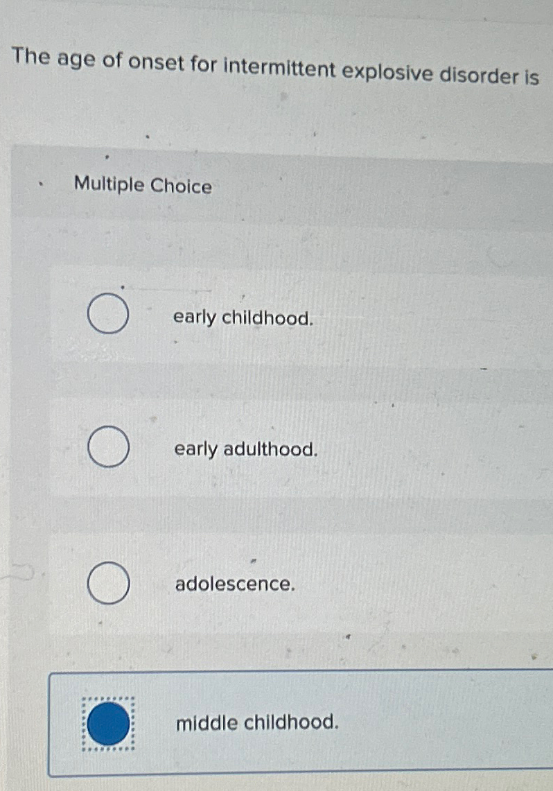 Solved The age of onset for intermittent explosive disorder | Chegg.com