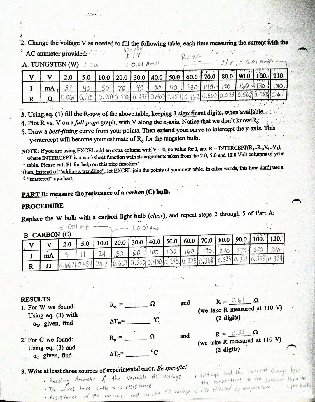 Solved How to find the Ro with my data? If you used excel | Chegg.com