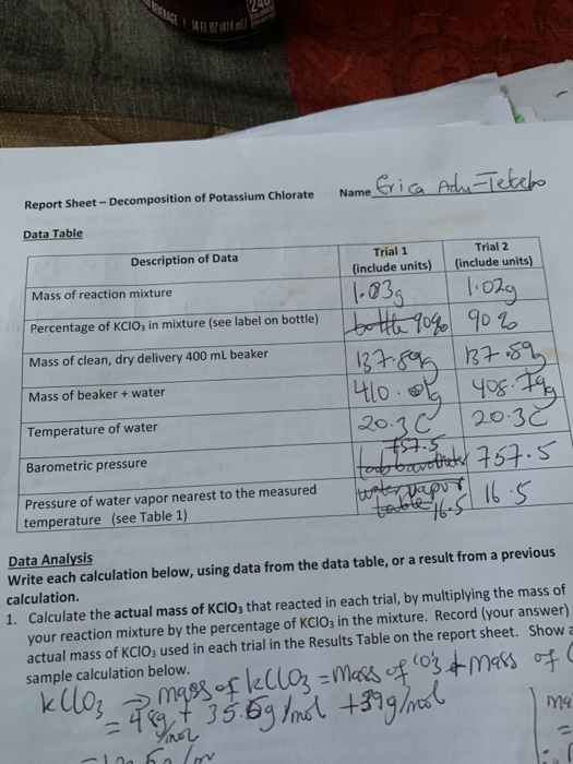 Solved Name Erica Adu-Tetelo Report Sheet - Decomposition of | Chegg.com