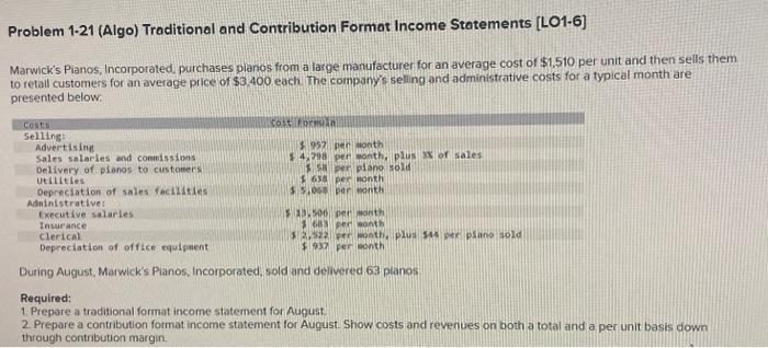 Solved Problem 1-21 (Algo) Traditional and Contribution | Chegg.com