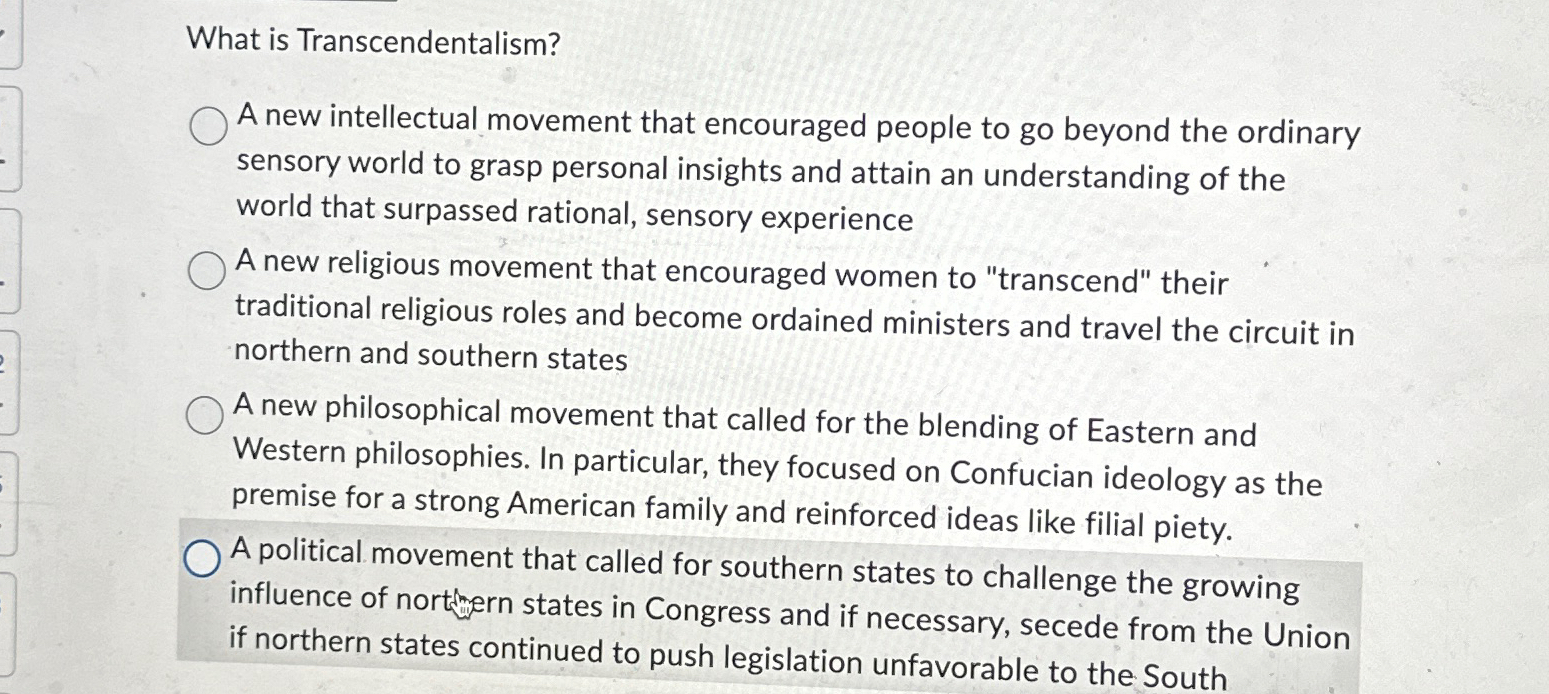 Solved What is Transcendentalism?A new intellectual movement | Chegg.com