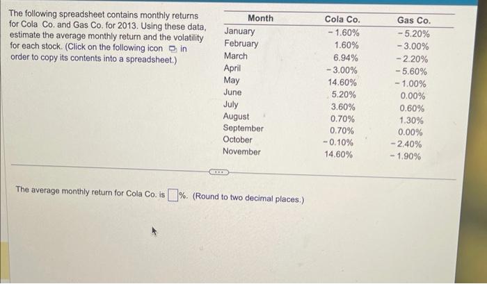 Solved The following spreadsheet contains monthly returns | Chegg.com