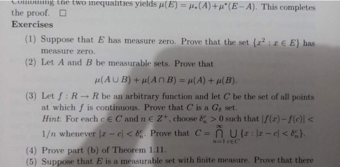 Solved the proof. Exercises (1) Suppose that E has measure | Chegg.com