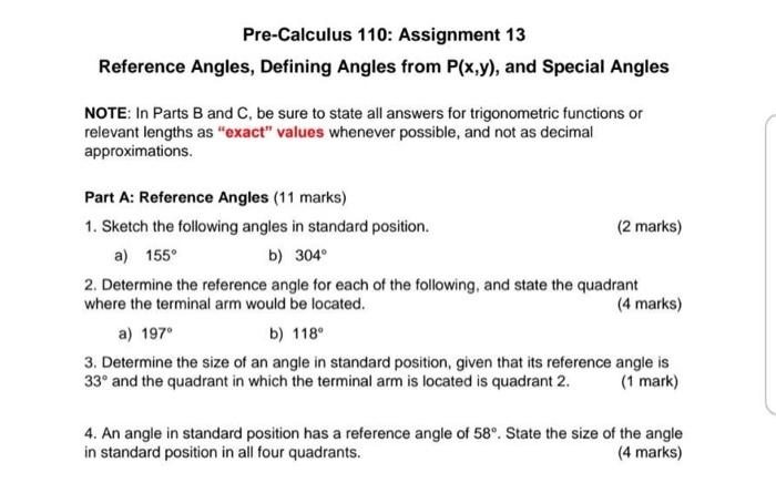 Solved Pre-Calculus 110: Assignment 13 Reference Angles, | Chegg.com