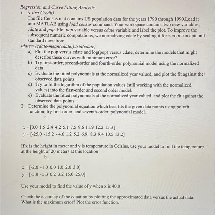 Regression and Curve Fitting Analysis 1. (extra | Chegg.com
