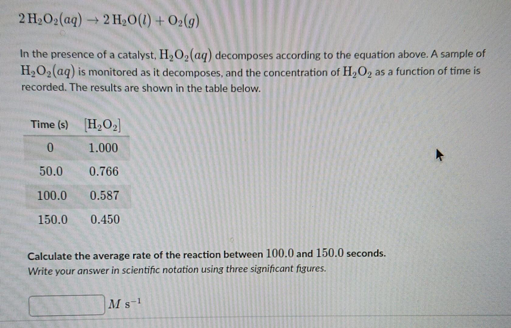 Solved 2 H₂O₂(aq) → 2H₂O(l) + O₂(g) In the presence of a | Chegg.com