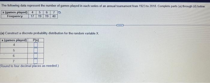 Solved The following data represent the number of games | Chegg.com