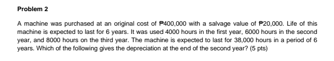 Solved Problem 2 A machine was purchased at an original cost | Chegg.com