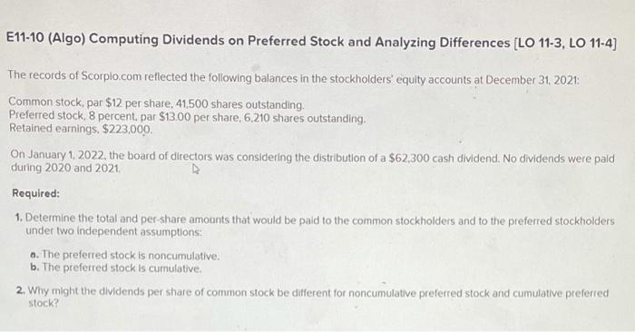 Solved E11-10 (Algo) Computing Dividends on Preferred Stock | Chegg.com