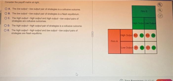 Consider the payoff matrix at right. O A. The low | Chegg.com