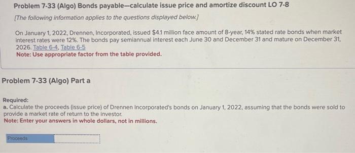 Solved Problem 7-33 (Algo) Bonds payable-calculate issue | Chegg.com
